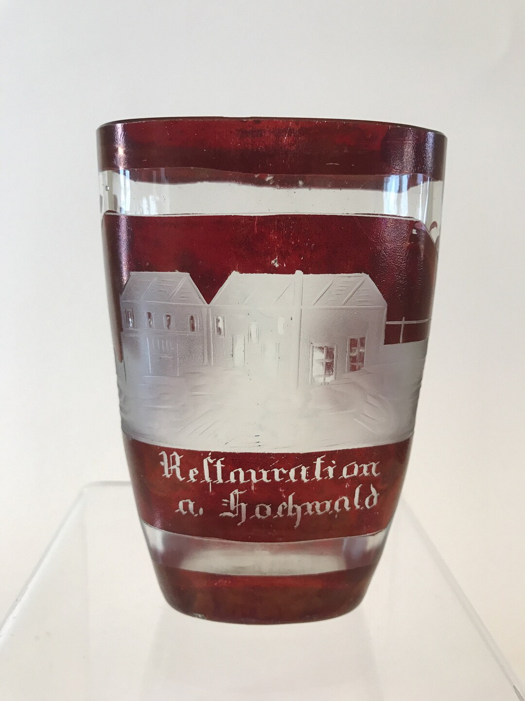 Ruby Oval Glass Beaker Flashed With Engraved Buildings on Front ...