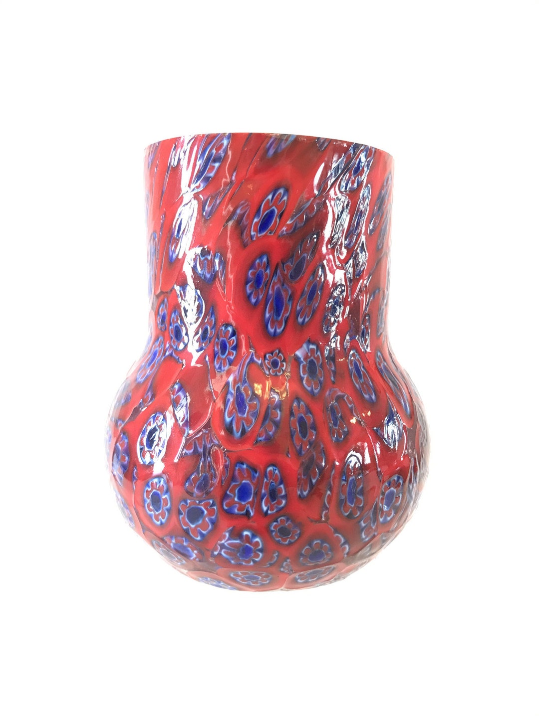 Ruby Italian Milliforie 3” Vase With Blue Over White Over Ruby Pieces ...