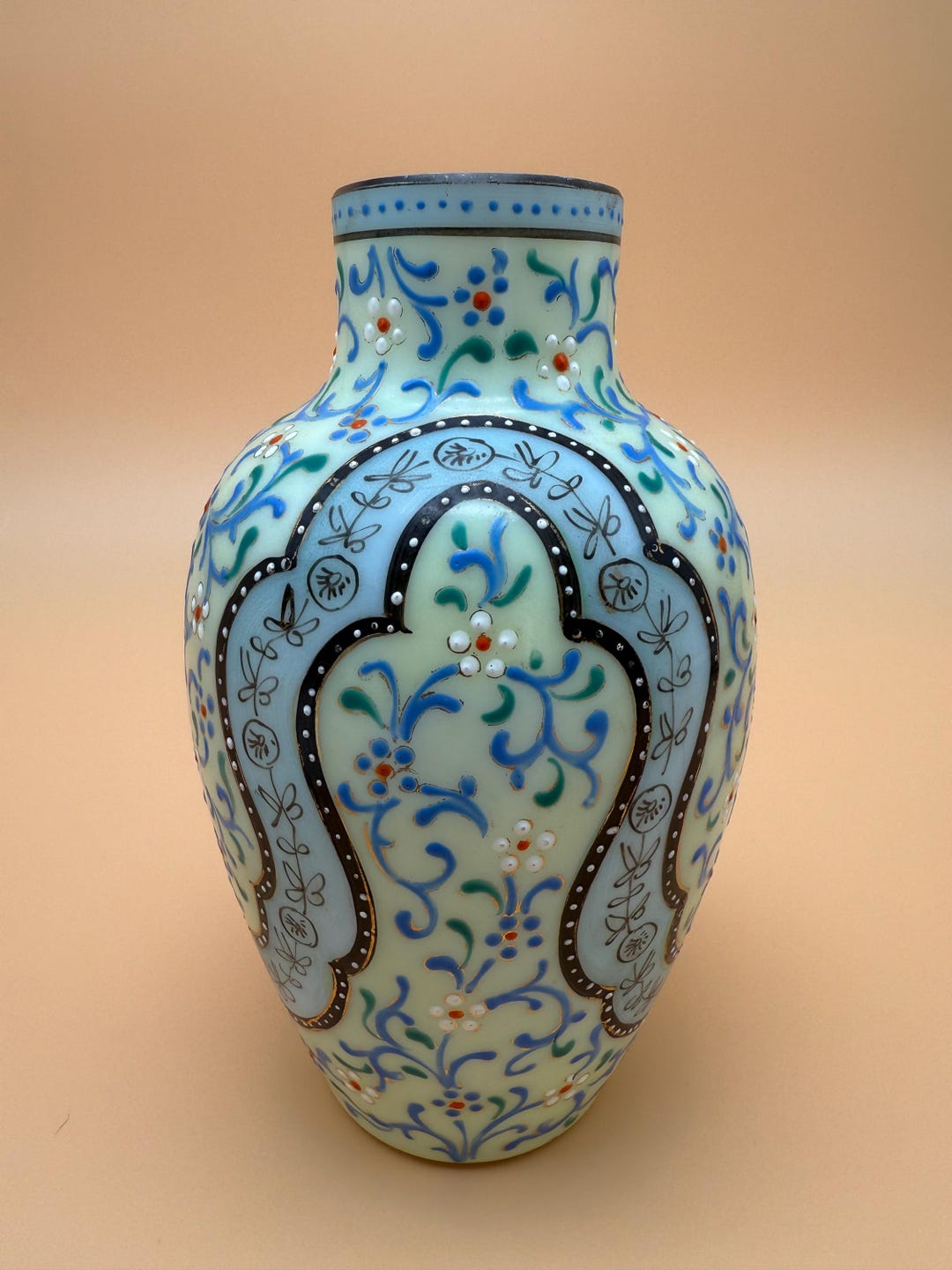 Vintage Hand-painted Enameled Glass Vase – Satin Opaline Bohemian ...