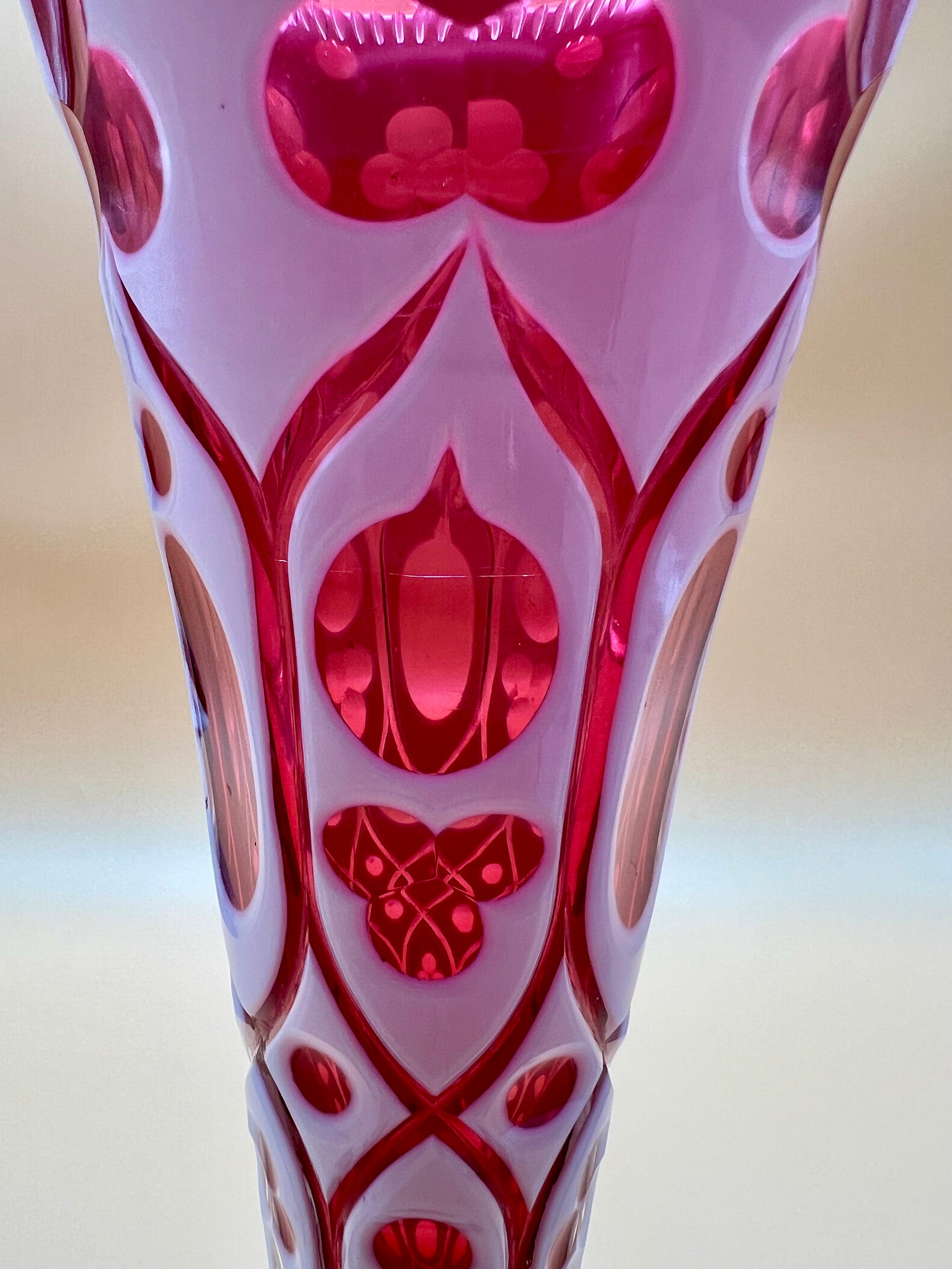 Bohemian Cranberry Overlay White Tall Vase With 8 Fancy Cut Petals ...