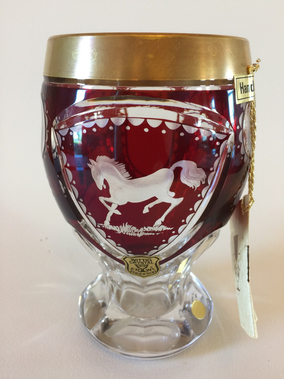 Ruby Over Crystal Glass Cup With Engraved Horse, Gold Rim and Fancy ...