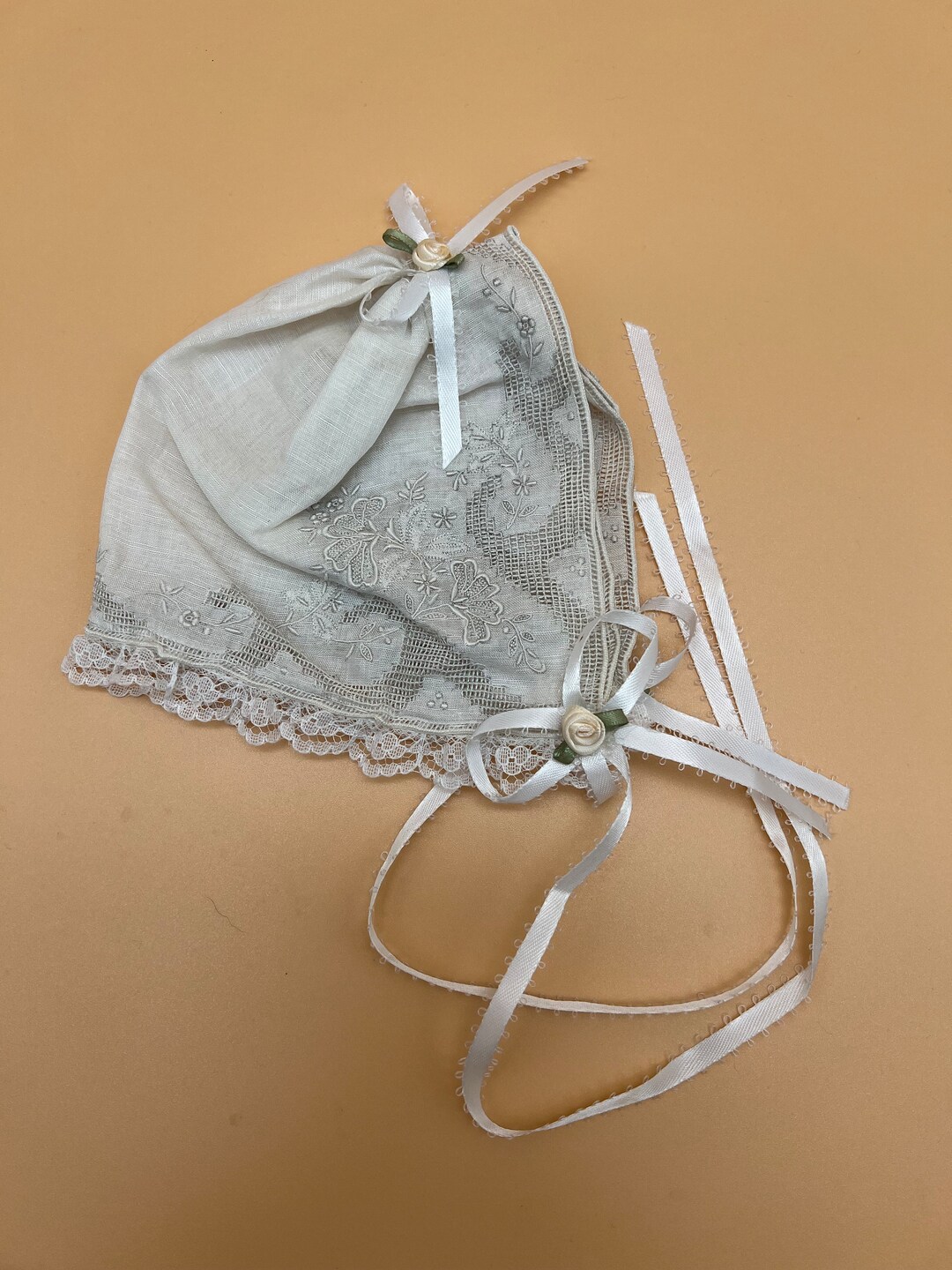 Beautiful Vintage Handmade Silver/gray Handkerchief Into a Baby Bonnet ...