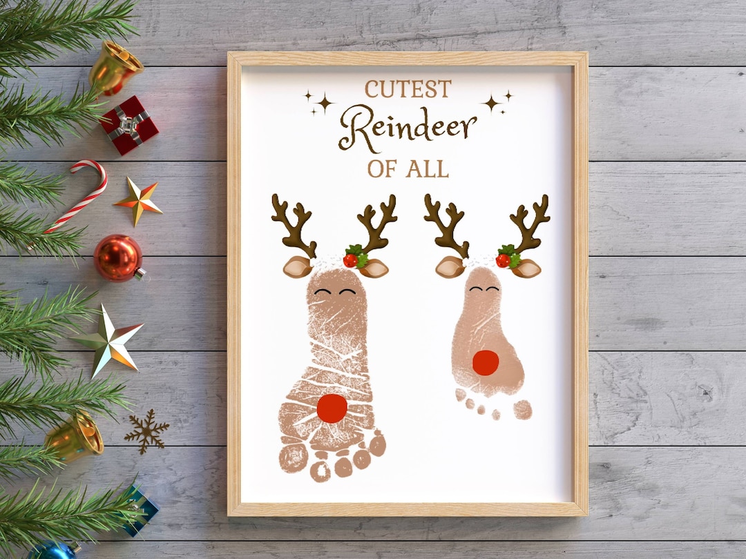 Reindeer Footprint Craft for 2 Kids, Christmas Art Template, Printable ...