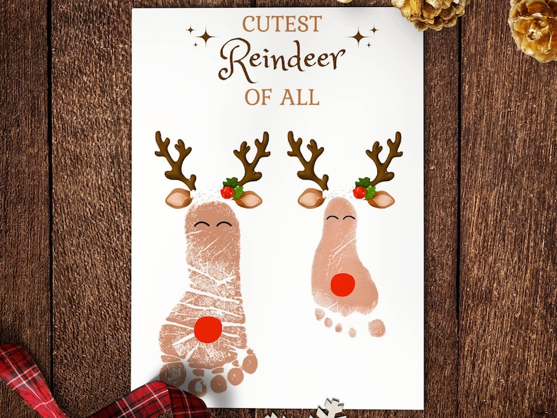 Reindeer Footprint Craft for 2 Kids, Christmas Art Template, Printable ...