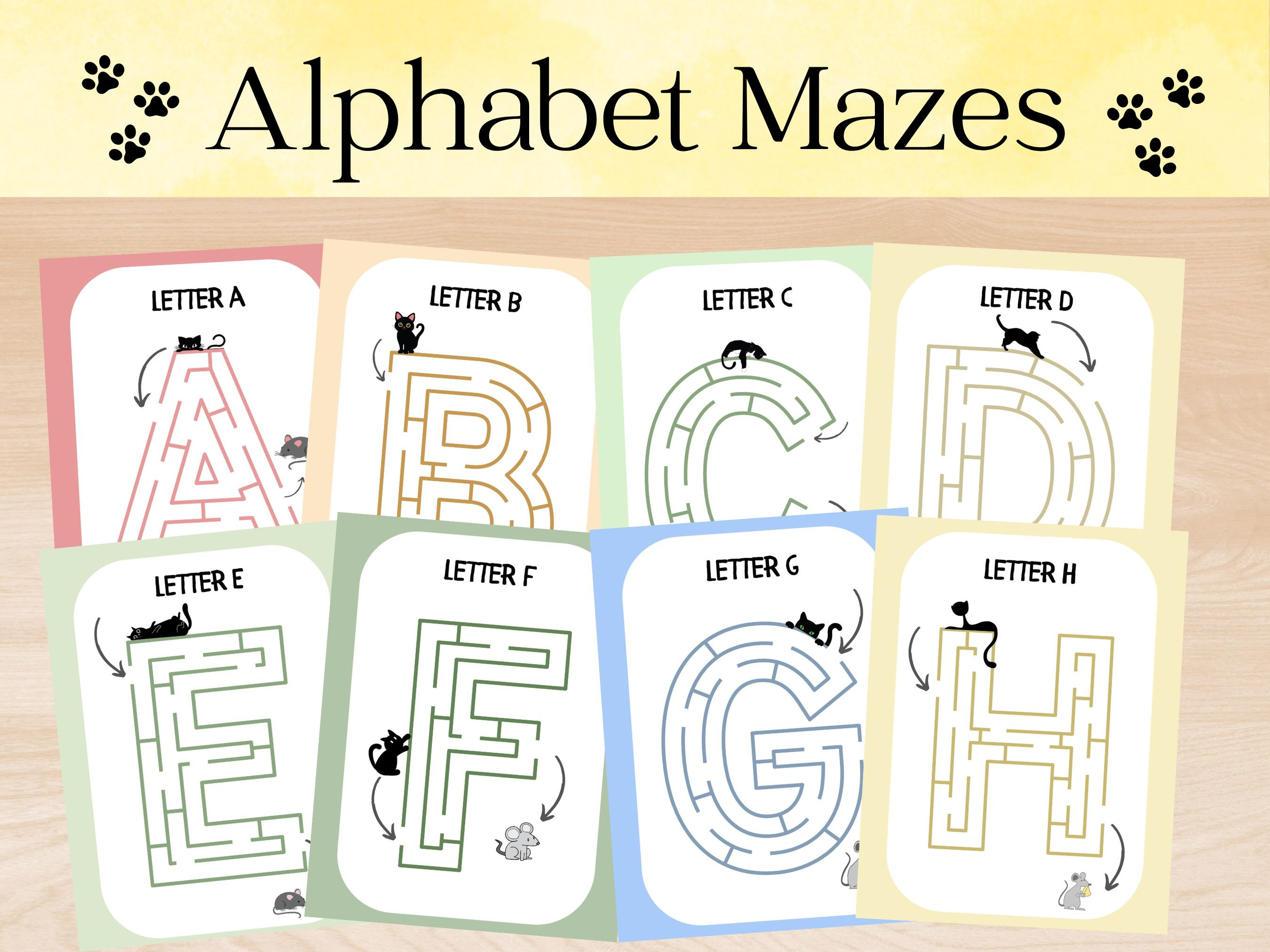 Printable Maze Activity for Kids, Cat Alphabet Mazes, Summer Activities ...