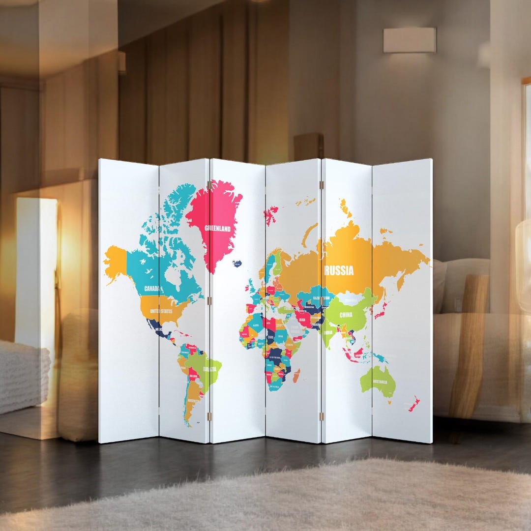 World Map Room Divider Screen | Foldable Privacy Partition & Decorative ...