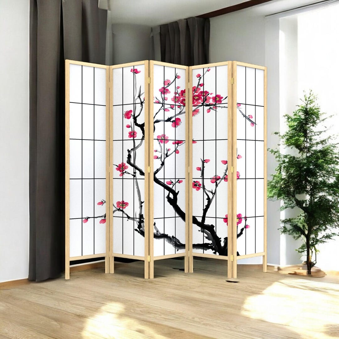 Japanese Sakura Tree Print Room Divider - Natural Wood Screen Separator ...