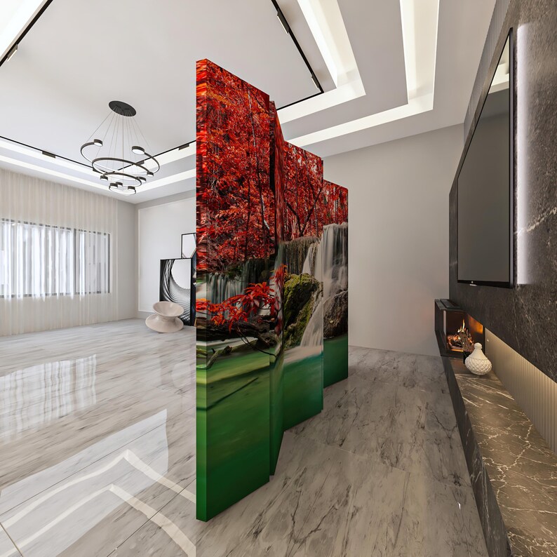 Waterfall Landscape Print Room Divider Natural Wood Screen Separator ...