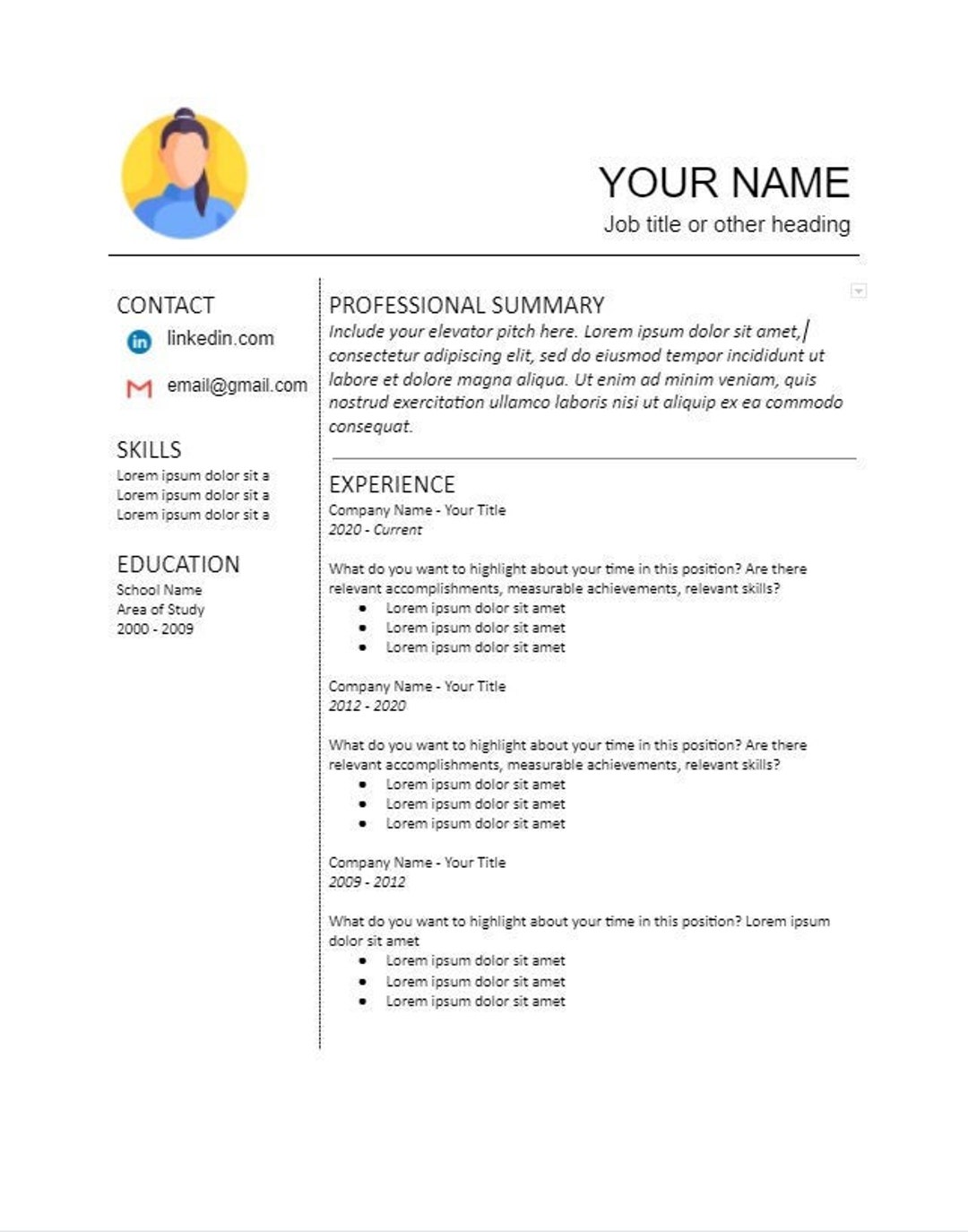 Resume Template in a Word Document Format - Etsy