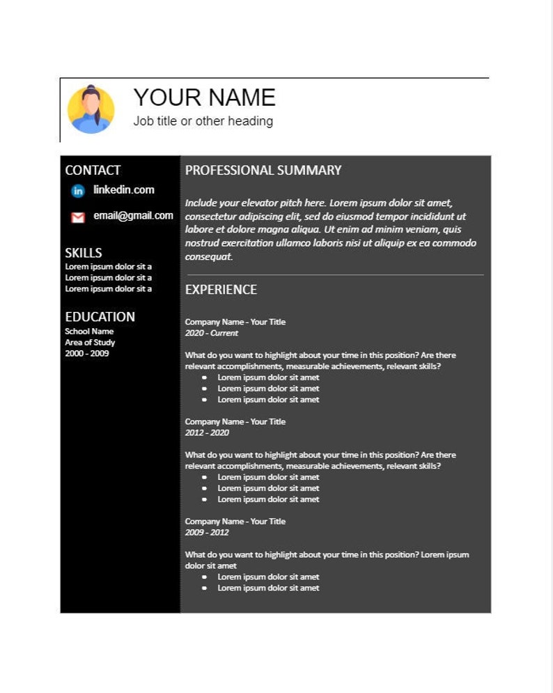 Resume Template - Black White and Grey Theme With Photo - Etsy