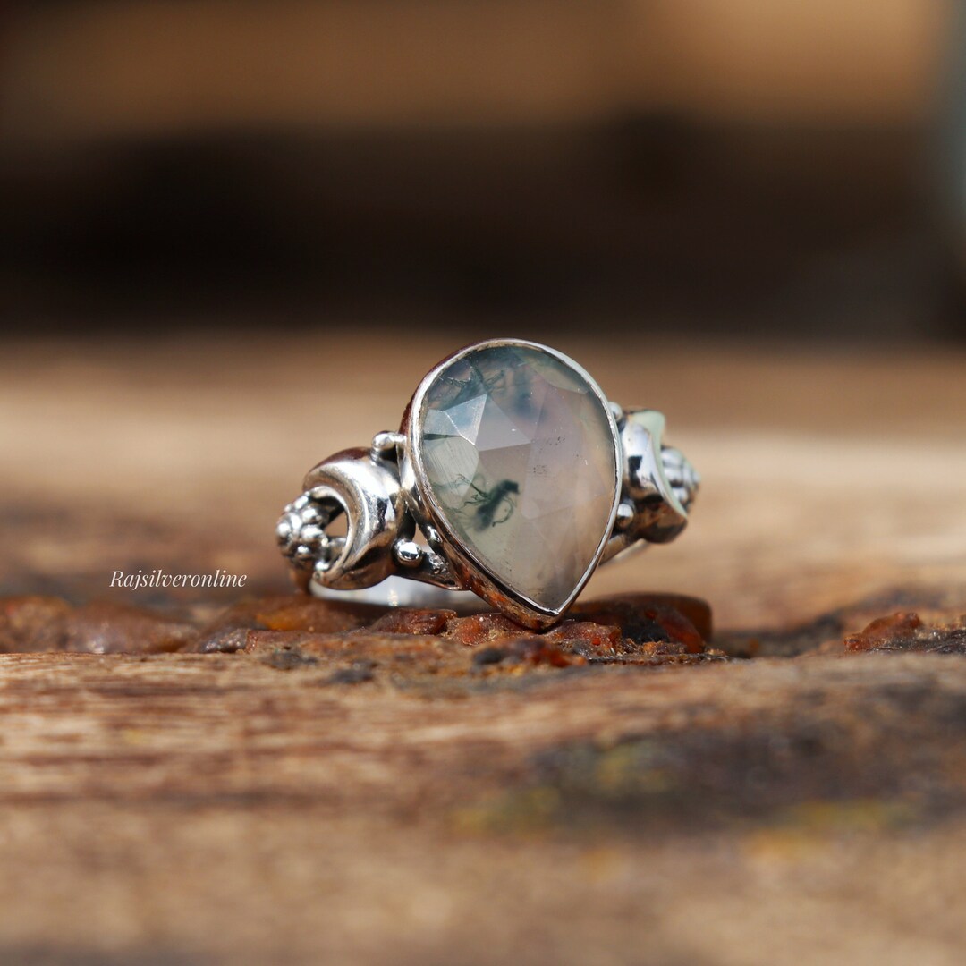 Crescent Moon Moss Agate Ring: Pear Gemstone, Sterling Silver - Etsy