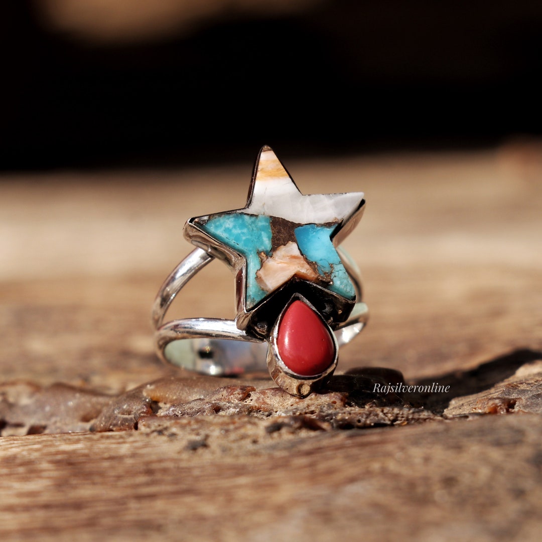 Oyster Turquoise & Coral Ring, Handmade Sterling Silver Star Gemstone ...