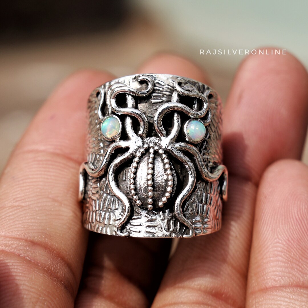 Octopus Ring: Handmade Opal Gemstone Ring, Wide Sterling Silver Band ...