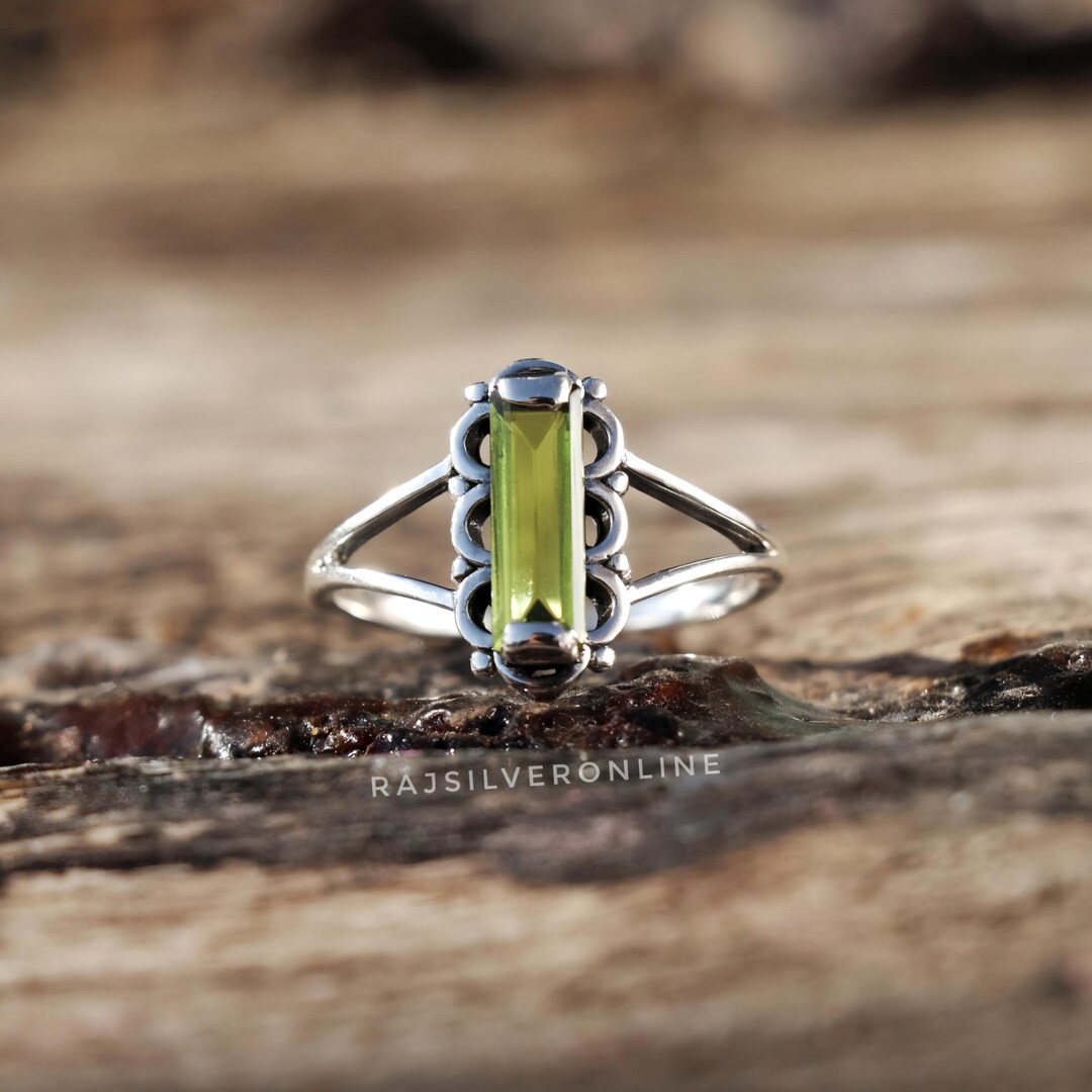 Peridot Ring, Rectangle Bar Stone Ring, 925 Sterling Silver Ring ...