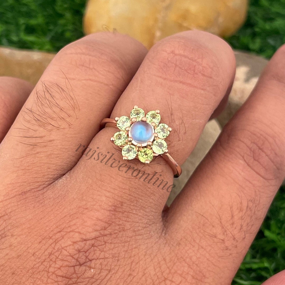 Rainbow Moonstone Ring, Unique Moonstone Ring, Peridot Ring, 925 Silver ...