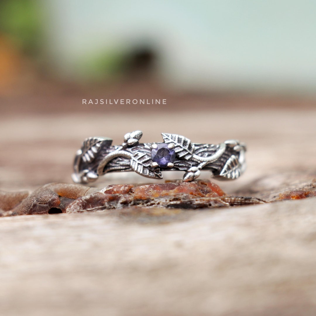 Natural Iolite Ring: Leaves Sterling Silver Band, Twig Gemstone Bands ...