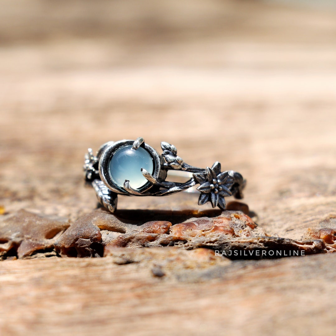 Silver Floral Ring, Aqua Chalcedony Ring, 925 Sterling Silver Ring, Crescent Moon Ring, Handmade ...