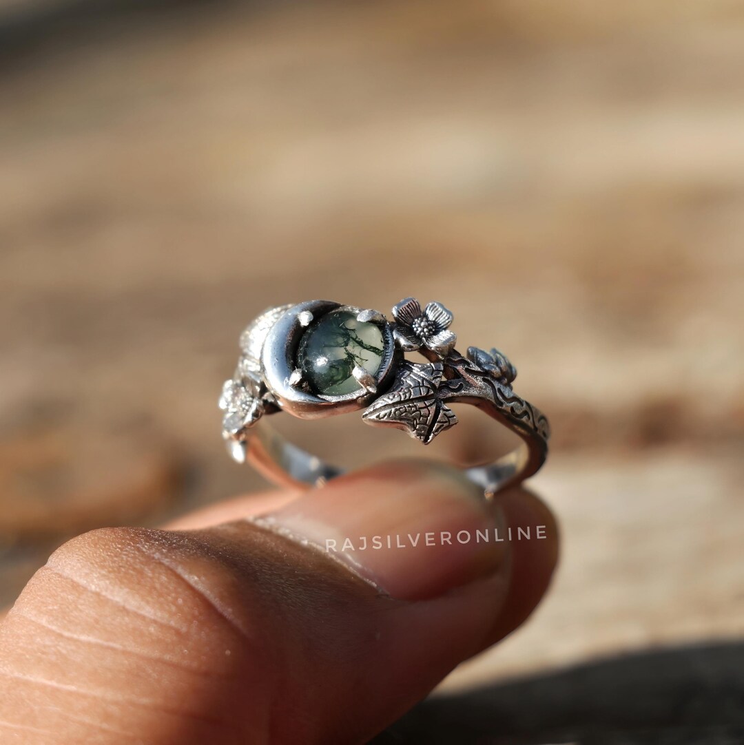 Crescent Moon Moss Agate Ring: Sterling Silver Leaves Band, Nature ...