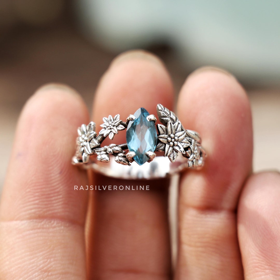 Silver Flowers Ring, Blue Topaz Ring, 925 Sterling Silver Ring, Unique Design Ring, Tree ...