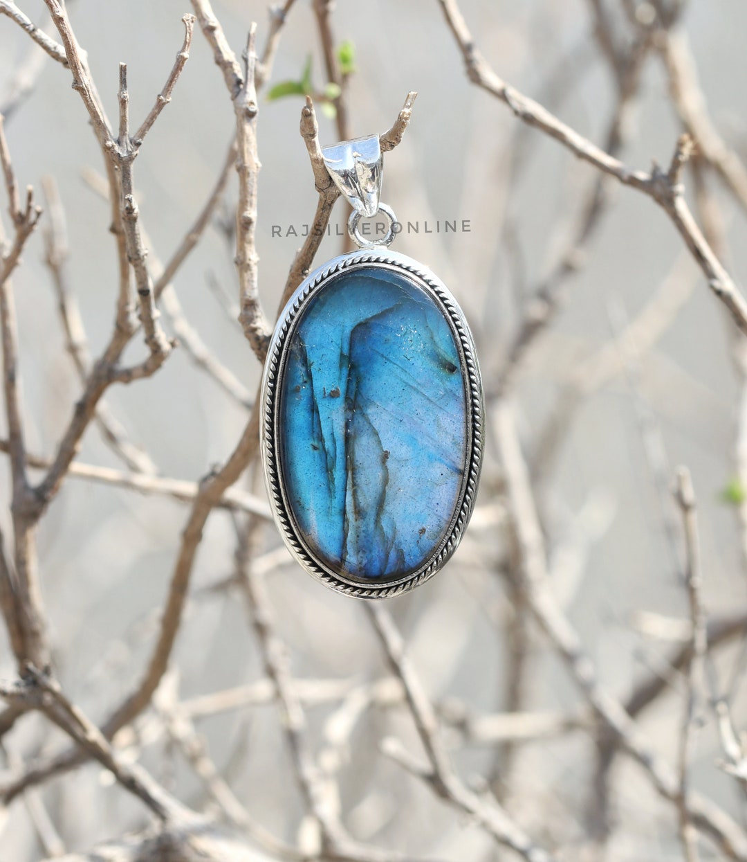 Blue Labradorite Pendant, 925 Sterling Silver Necklace, Handmade Oval ...