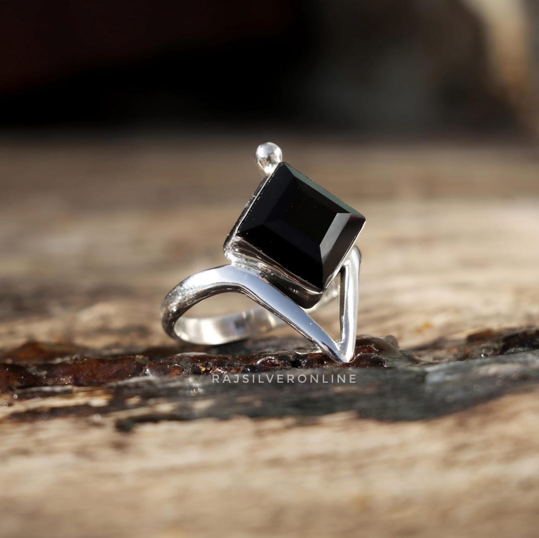 Black Onyx Sterling Silver Ring: Square Gemstone, Handmade Wedding Ring ...
