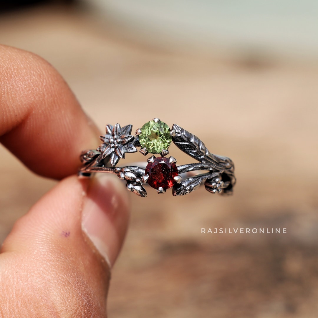 Sterling Silver Tree Branches Ring: Garnet and Peridot Flower Ring - Etsy
