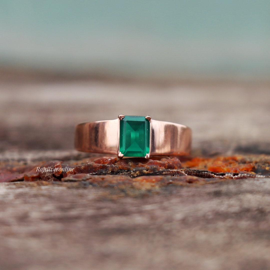 Emerald Signet Ring: Rose Gold Plated Sterling Silver Band, Handmade ...