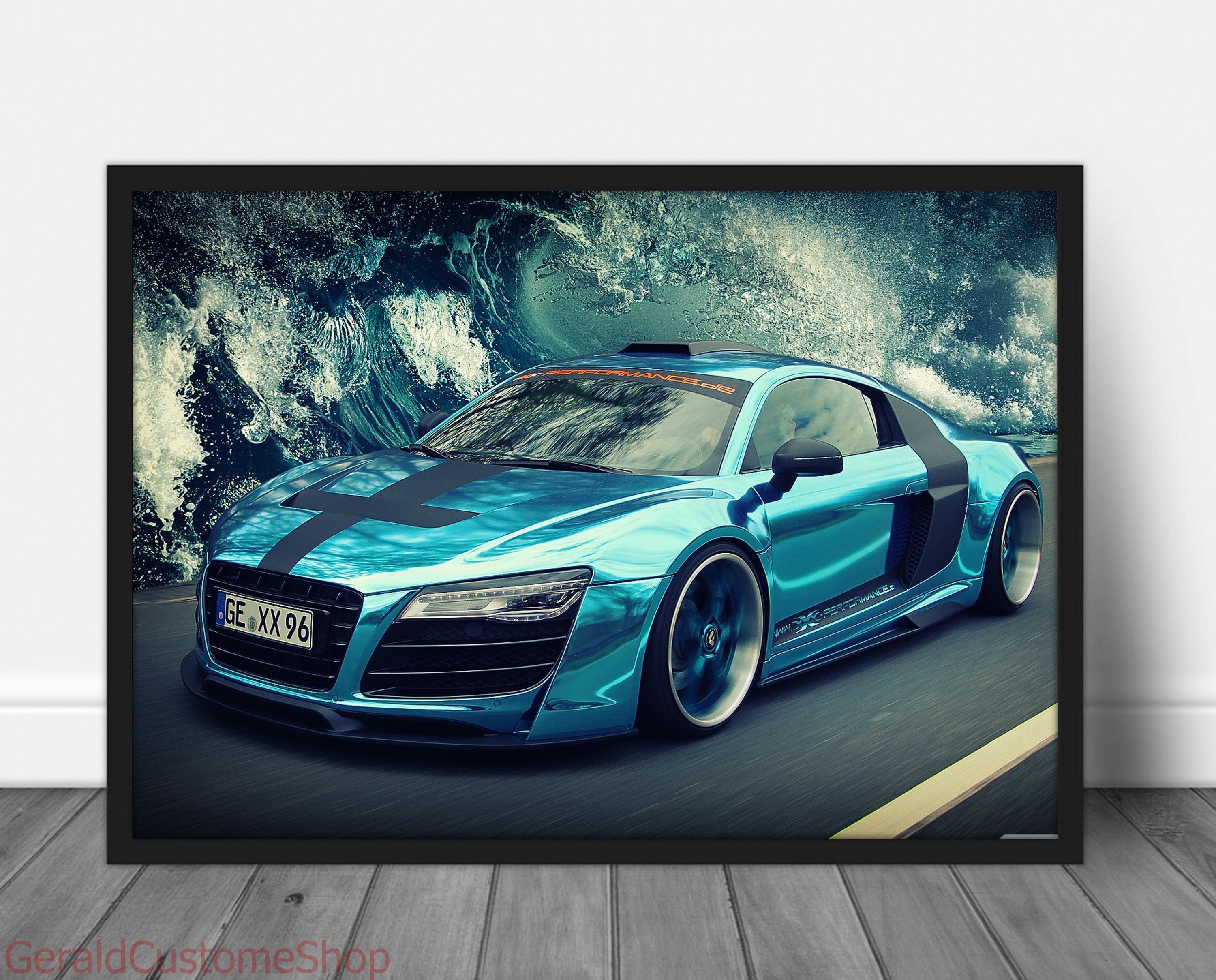 Blue Audi R8 Exotic Car Canvas Poster Wall Art Home Decor Framed Gift ...