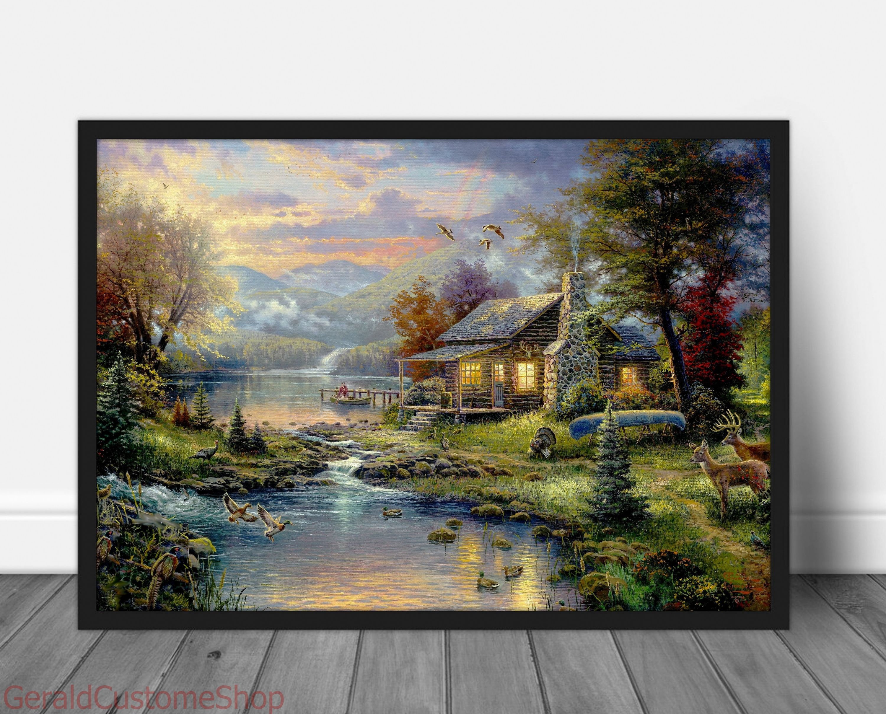 Thomas Kinkade Log Cabin Painting