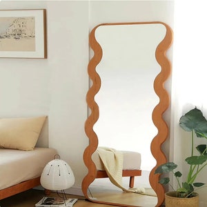 Wavy Wood Floor Full Body Mirror Asymmetrical Walnut Full Length Large ...