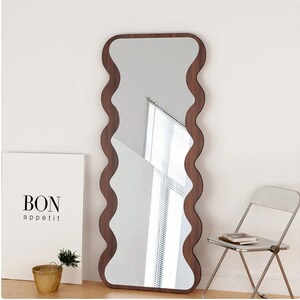 Wavy Wood Floor Full Body Mirror Asymmetrical Walnut Full Length Large ...