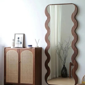 Wavy Wood Floor Full Body Mirror Asymmetrical Walnut Full Length Large ...