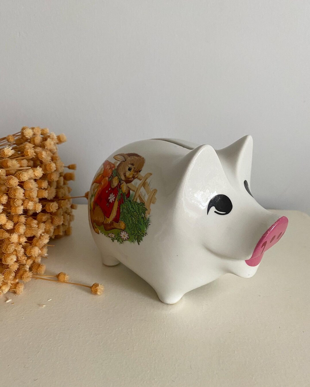 Vintage Porcelain Piggy Bank With Rabbit Pattern, Antique Money Box ...