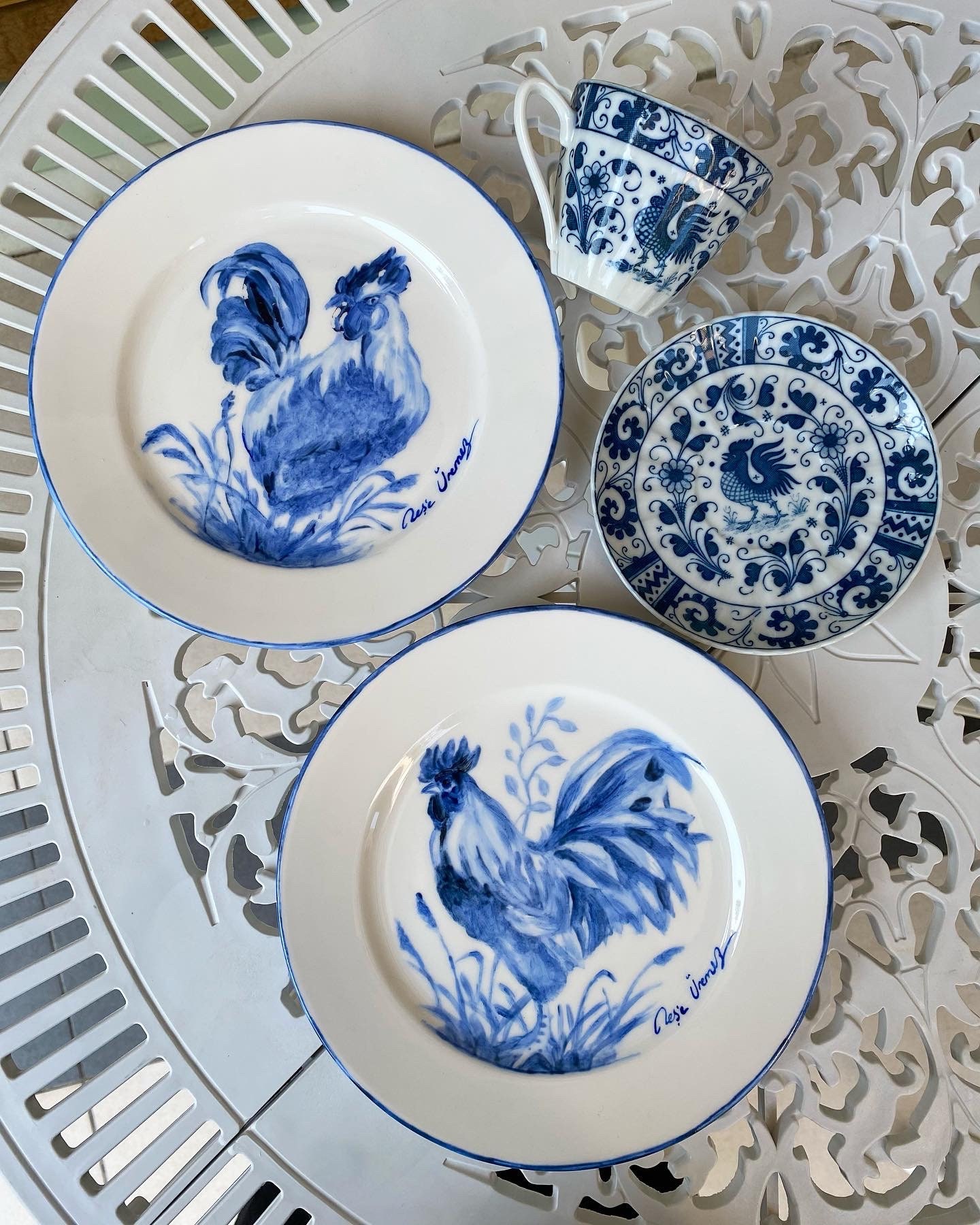 Vintage Hand-painted Rooster Design Porcelain Plates & Teacup ...