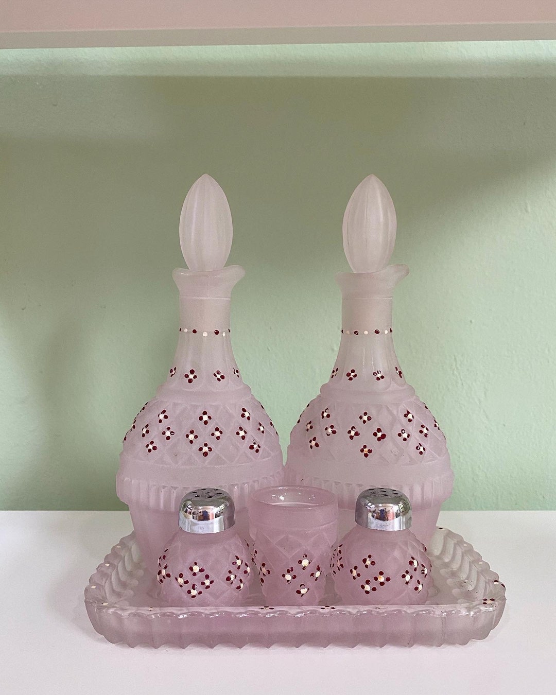Antique Hand-painted Glass Cruet Set W/ Tray, Vintage Tableware, Pink ...