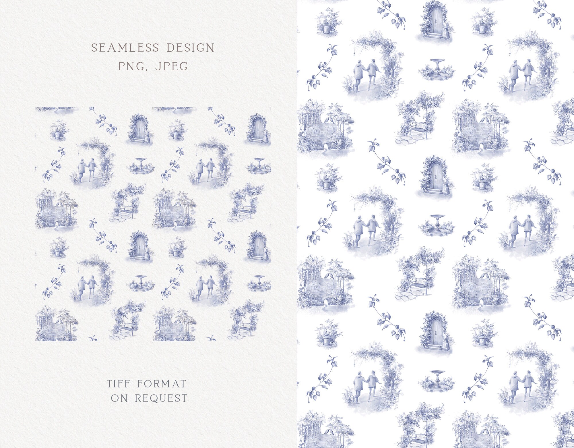 Hand-drawn Toile De Jouy Motifs, Garden Clipart, Spring Easter, Blue ...