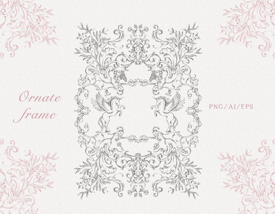Fine Line Art, Ornate Floral Frame Clipart, Vector Frame, Baroque Style ...
