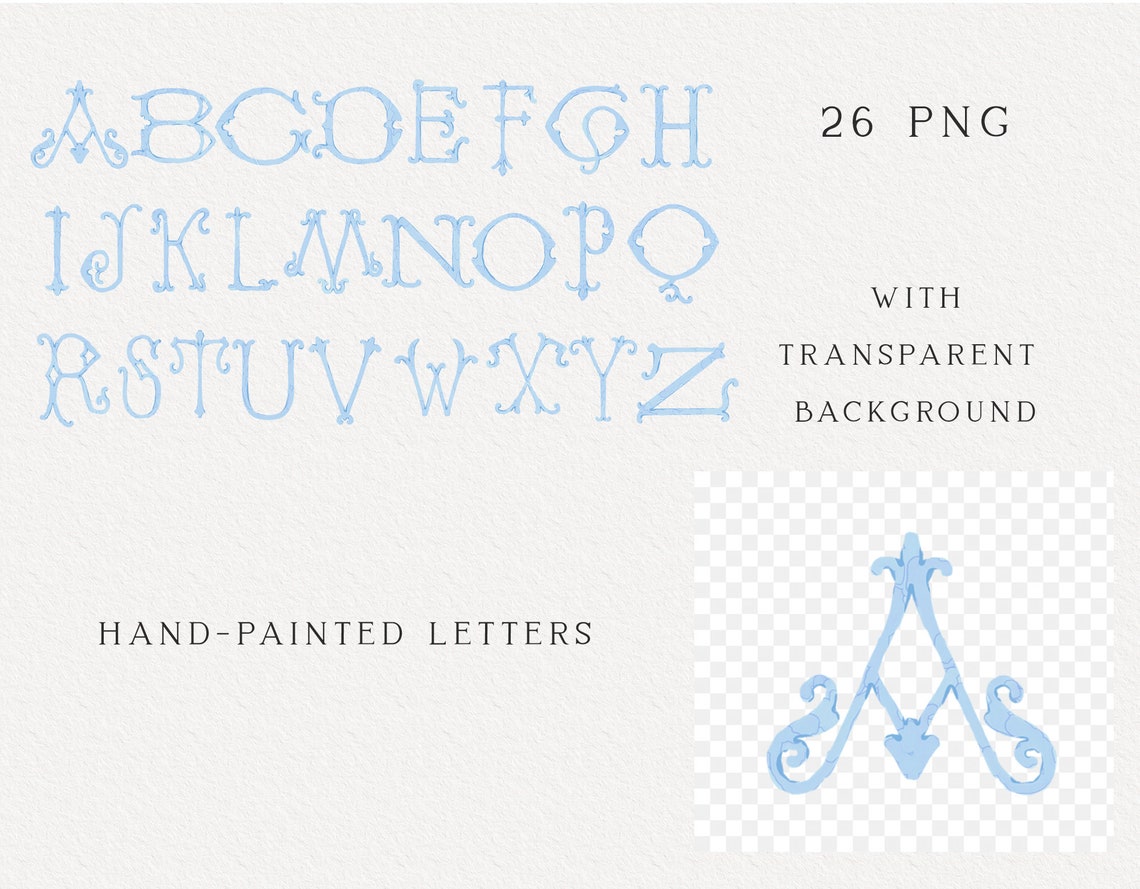 Blue Hand-painted Letters Clipart Monogram Alphabet Wedding - Etsy