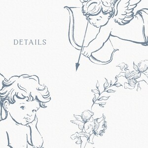 Cherub Hand-drawn Clipart Set, Fine Line Art Angel Illustrations ...