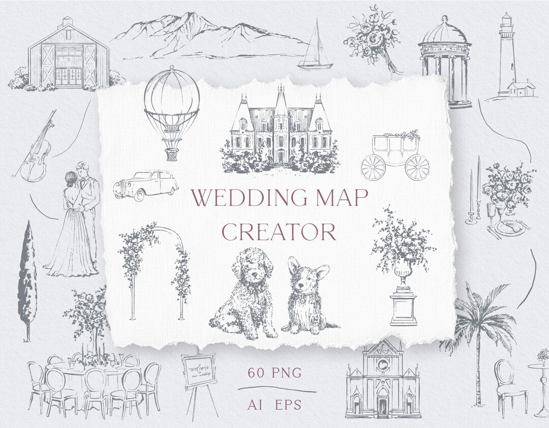 Wedding Map Creator, Wedding Day Items, Line Art Icon Logo, Vector ...