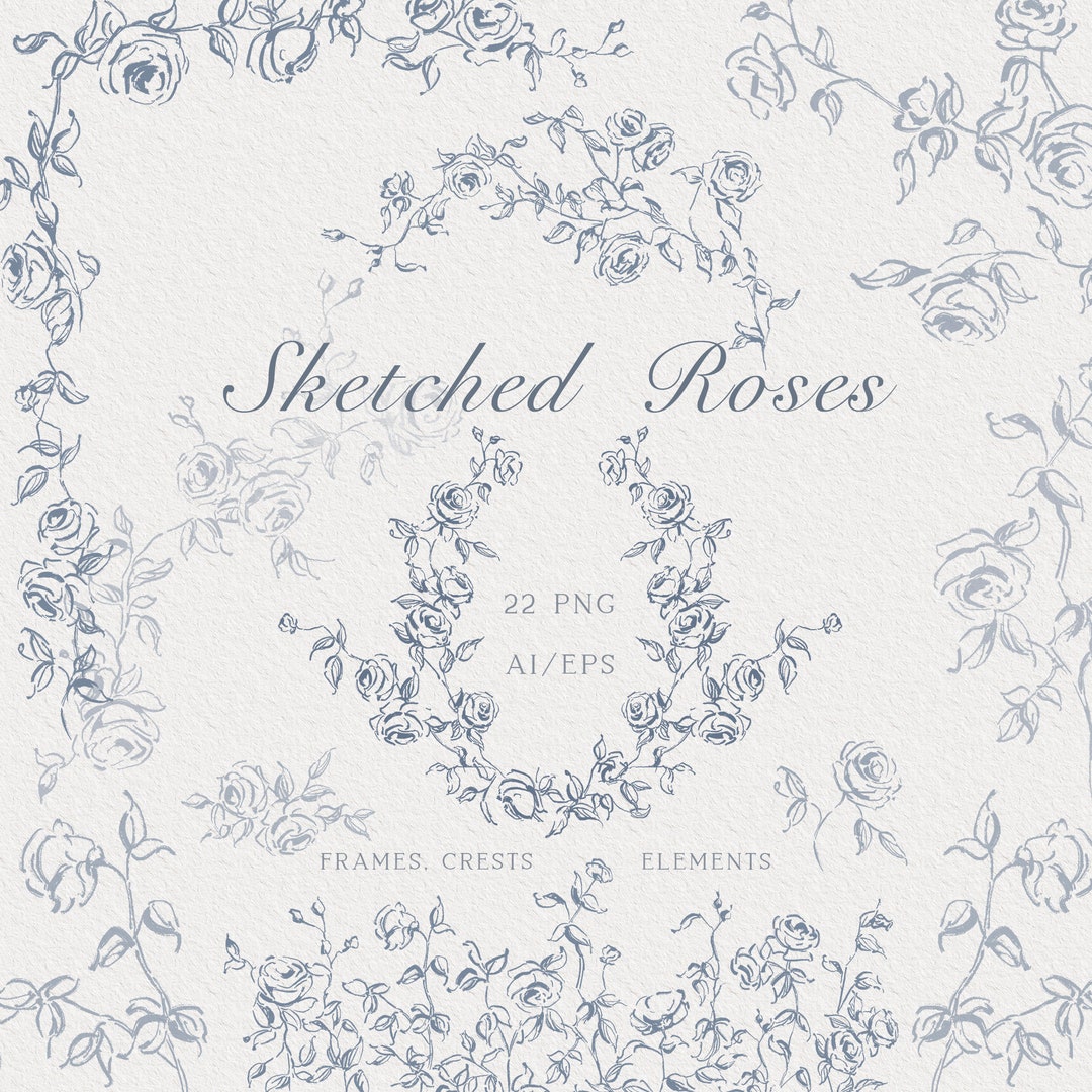 Roses Line Art, Floral Frame, Sketched Roses, Wedding Invitation Art ...