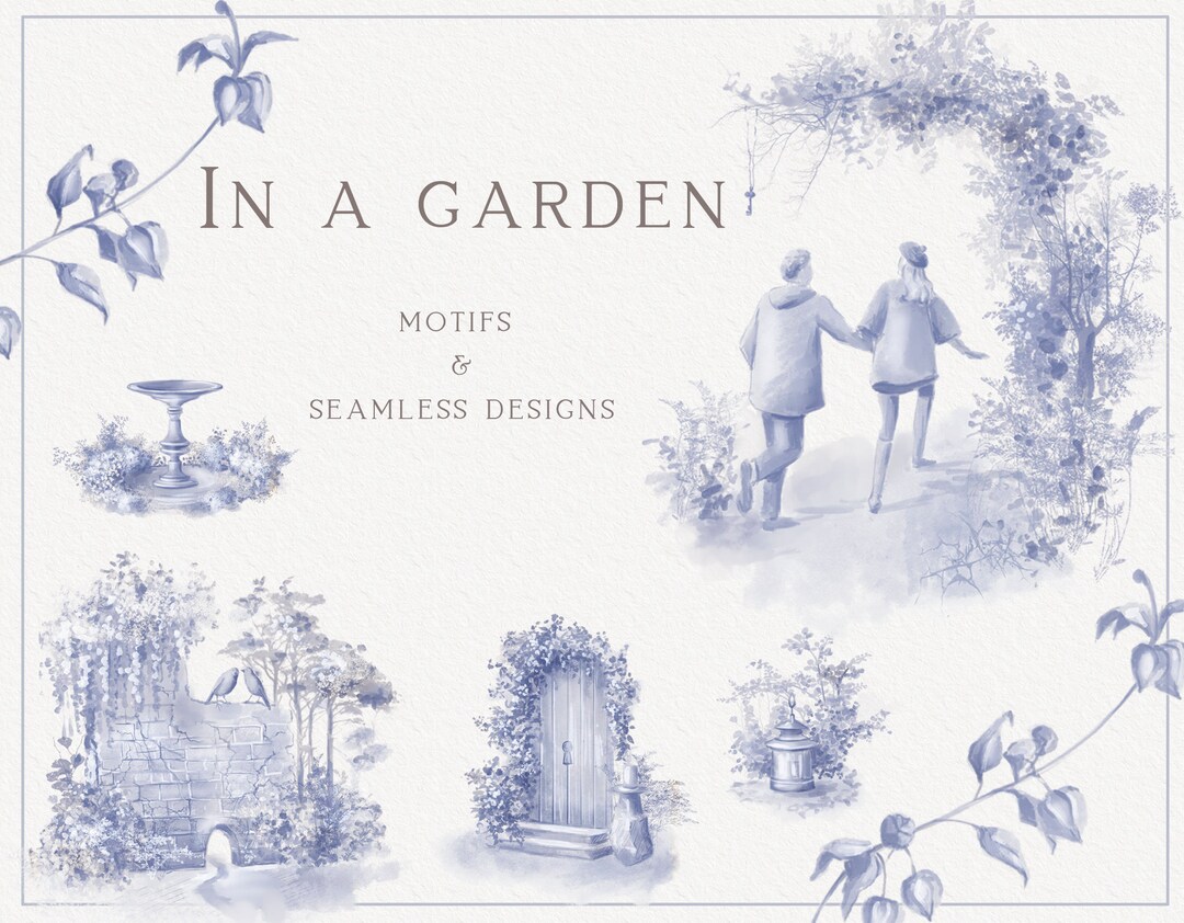 Hand-drawn Toile De Jouy Motifs, Garden Clipart, Spring Easter, Blue ...
