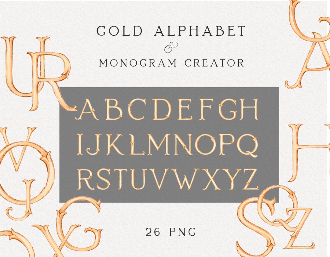 Gold Hand-painted Letters Clipart, Monogram Alphabet, Wedding Monogram ...