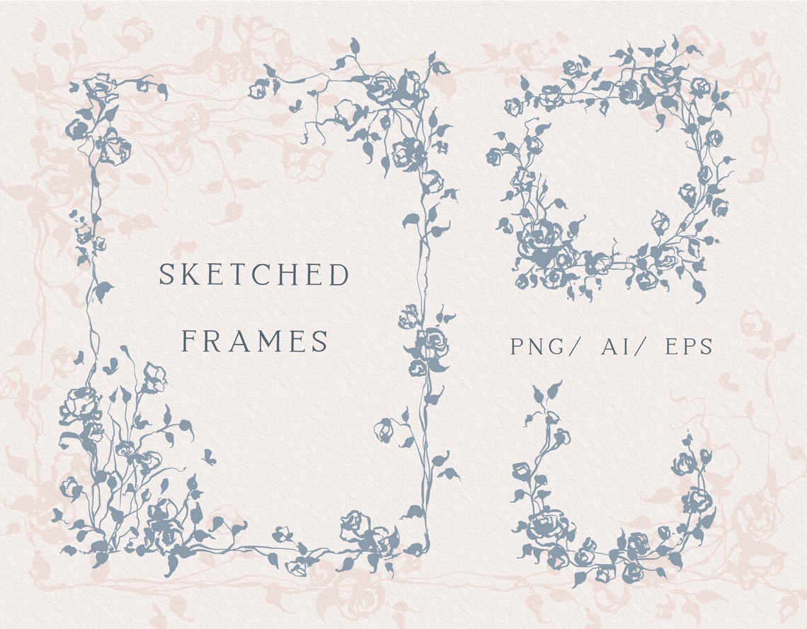 Floral Fine Line Frame Clipart Fine Art Wedding Botanical - Etsy