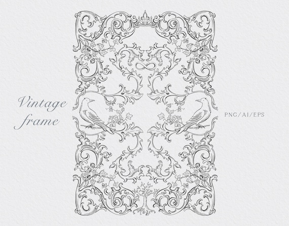 Fine Line Art Vintage Ornate Frame Clipart Vector Frame - Etsy
