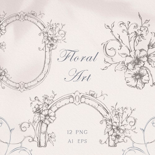 Floral Fine Line Frame Clipart Fine Art Wedding Botanical - Etsy