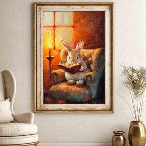 Funny Bunny Reading Book Poster, Easter Wall Art, Reading Art, Bunny ...