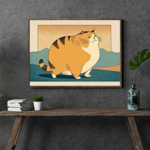 Funny Fat Cat Poster, Yellow Tabby Cat Poster, Japanese Wall Art, Cat ...