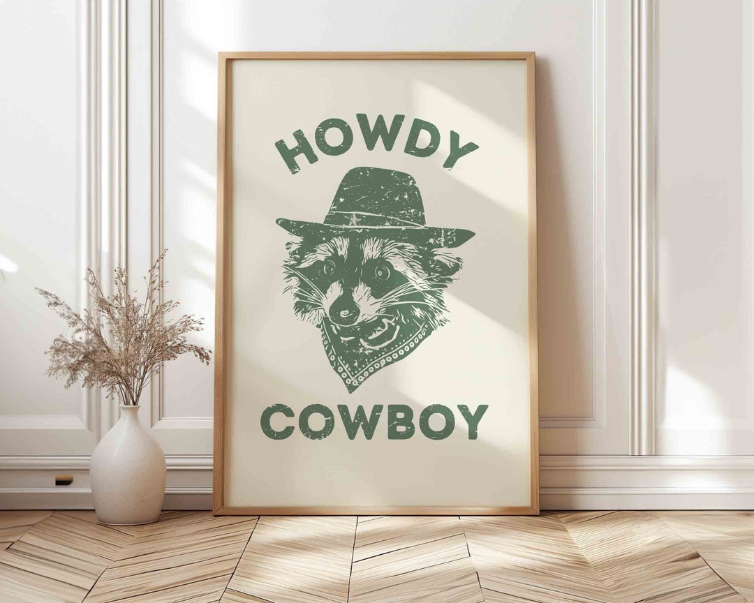 Howdy Cowboy Poster, Western Raccoon Art, Vintage Cowboy Poster, Funny ...