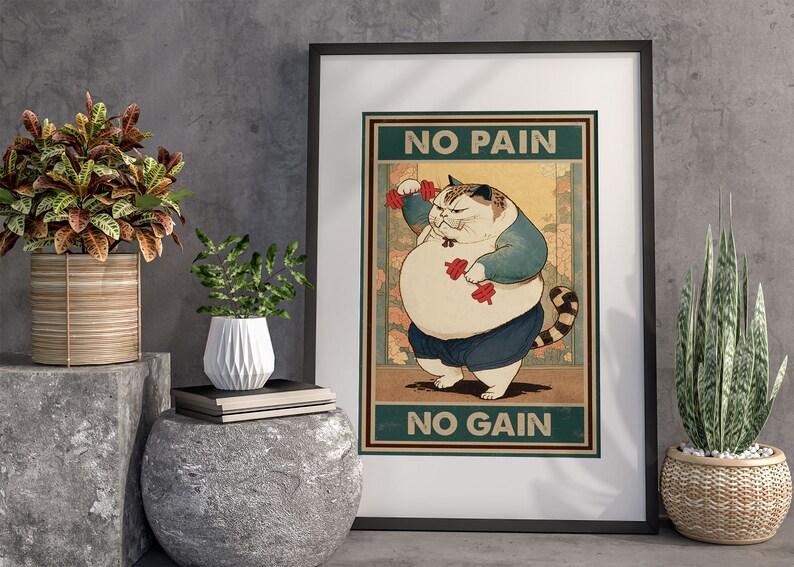 Funny Cat Workout Poster, Gym Cat Poster, Funny Fat Cat Art, Chubby Cat ...
